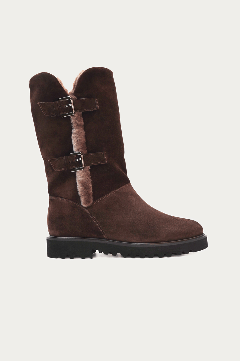 Alma Dunkelbraun Veloursleder mit Lammfell – SHOOHS GmbH